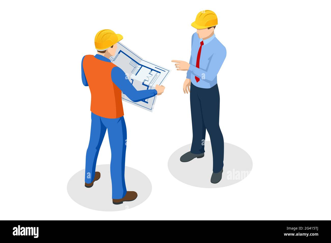 Isometric Builders On Building Site Looking At Plan. Business plan ...