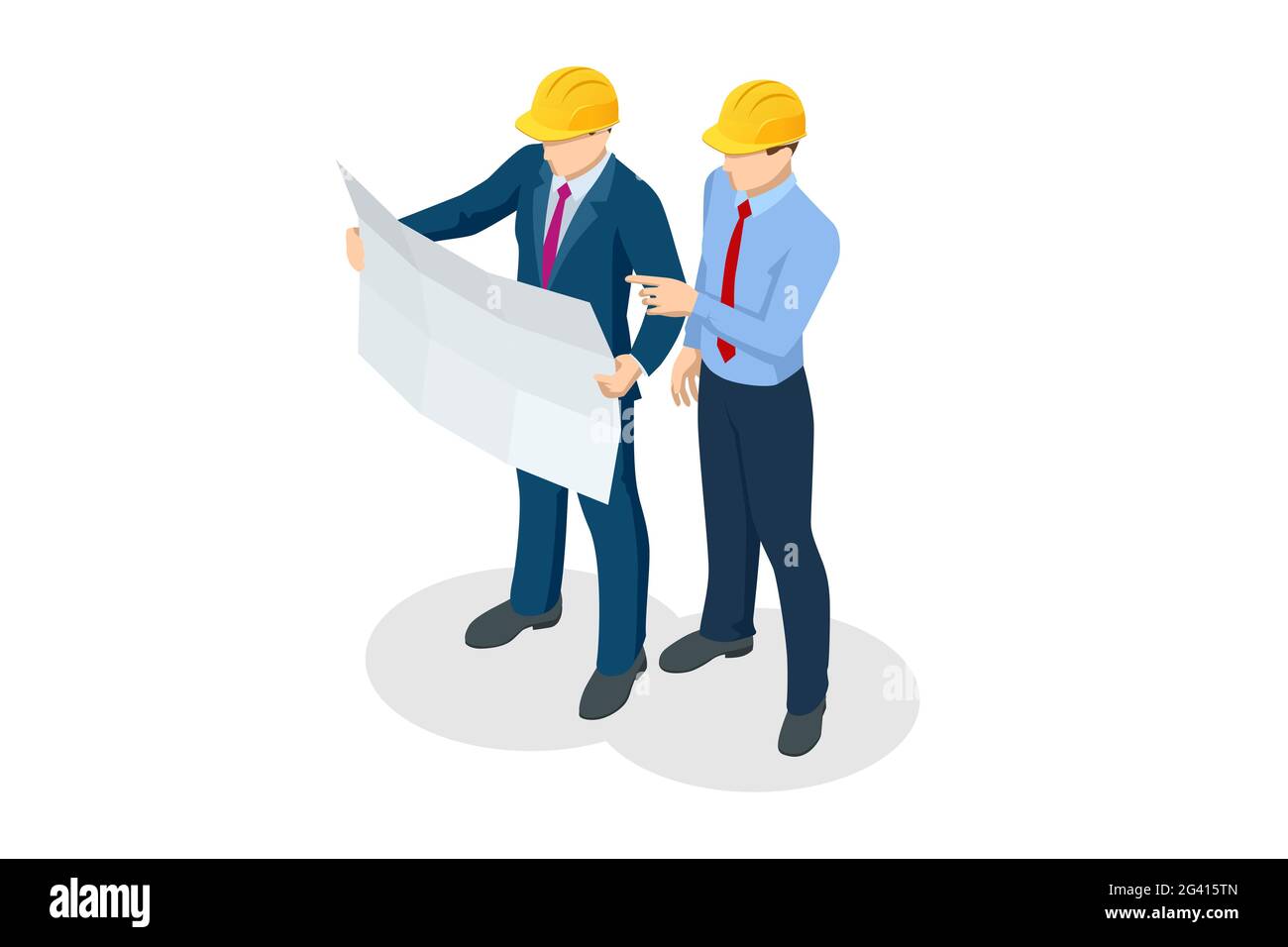 Isometric Builders On Building Site Looking At Plan. Business plan ...