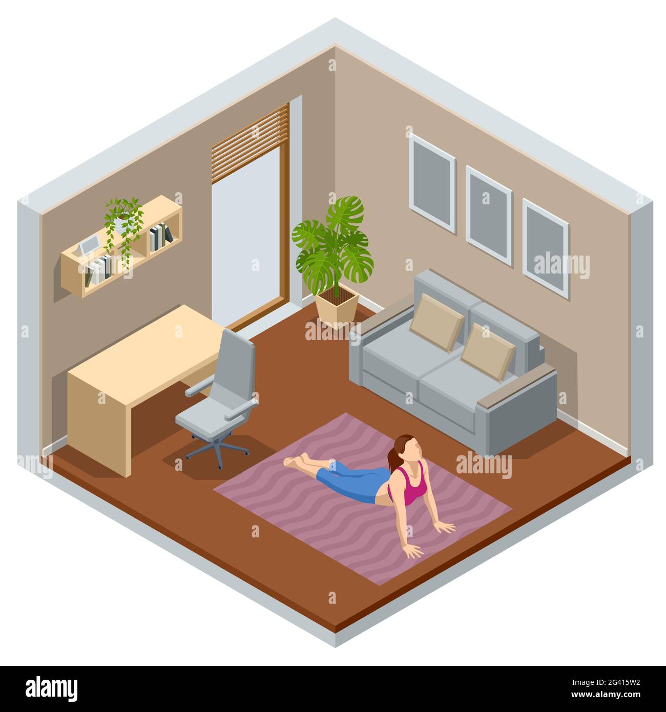 Isometric girl watching online classes on laptop, practicing yoga ...