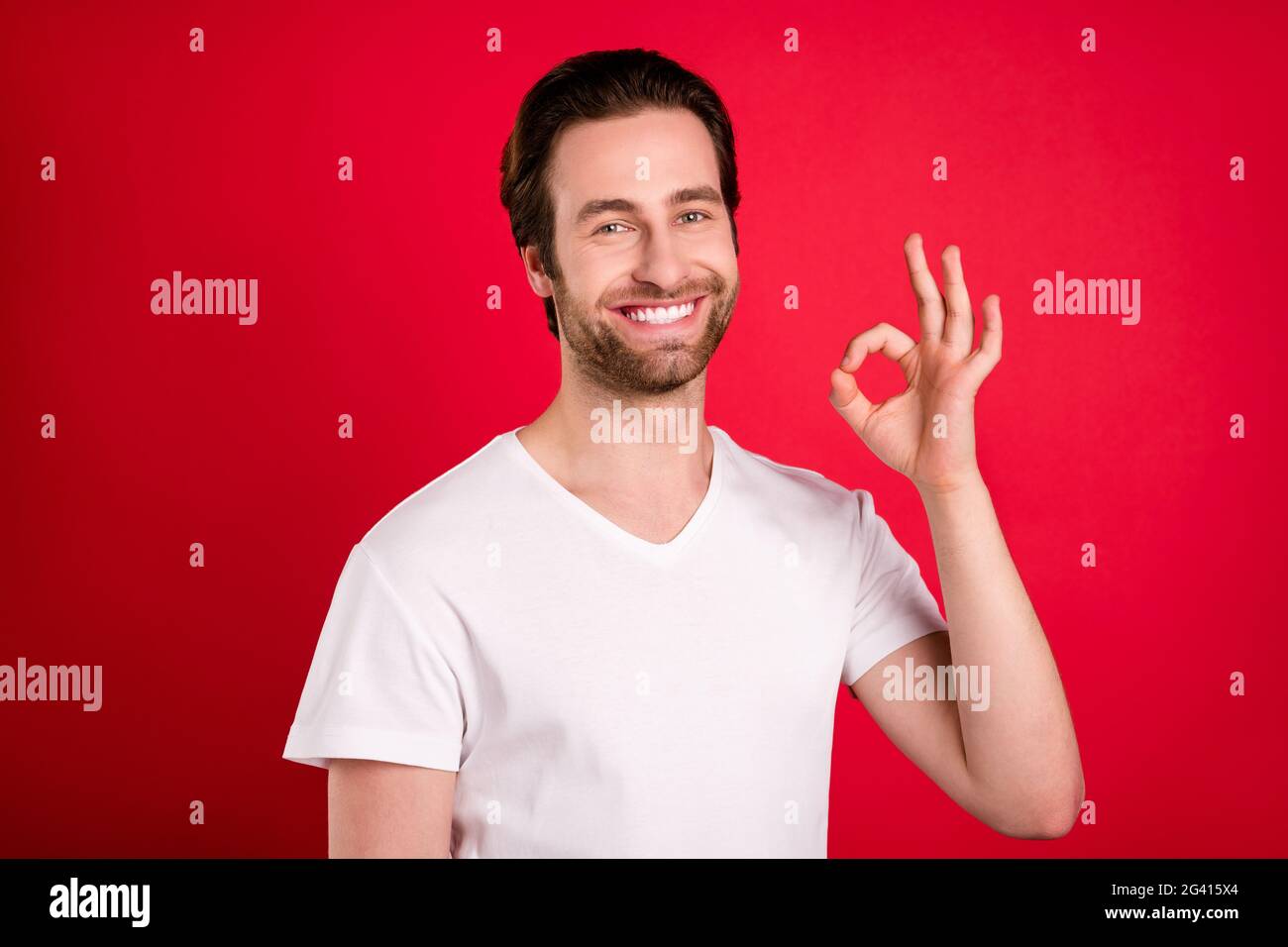 Photo of excited young brown hairdo man show okey sign wear white t ...