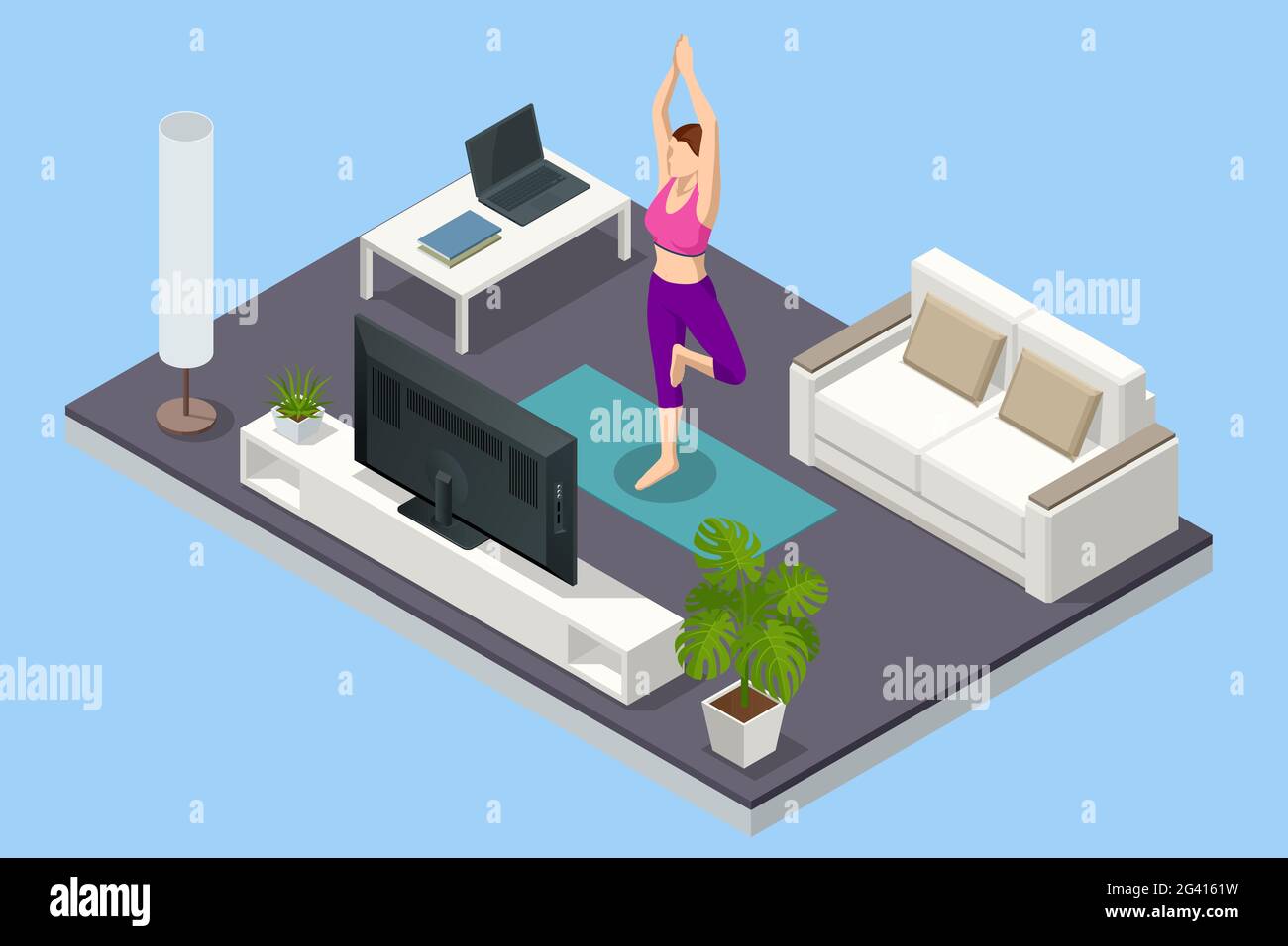Isometric girl watching online classes on laptop, practicing yoga ...