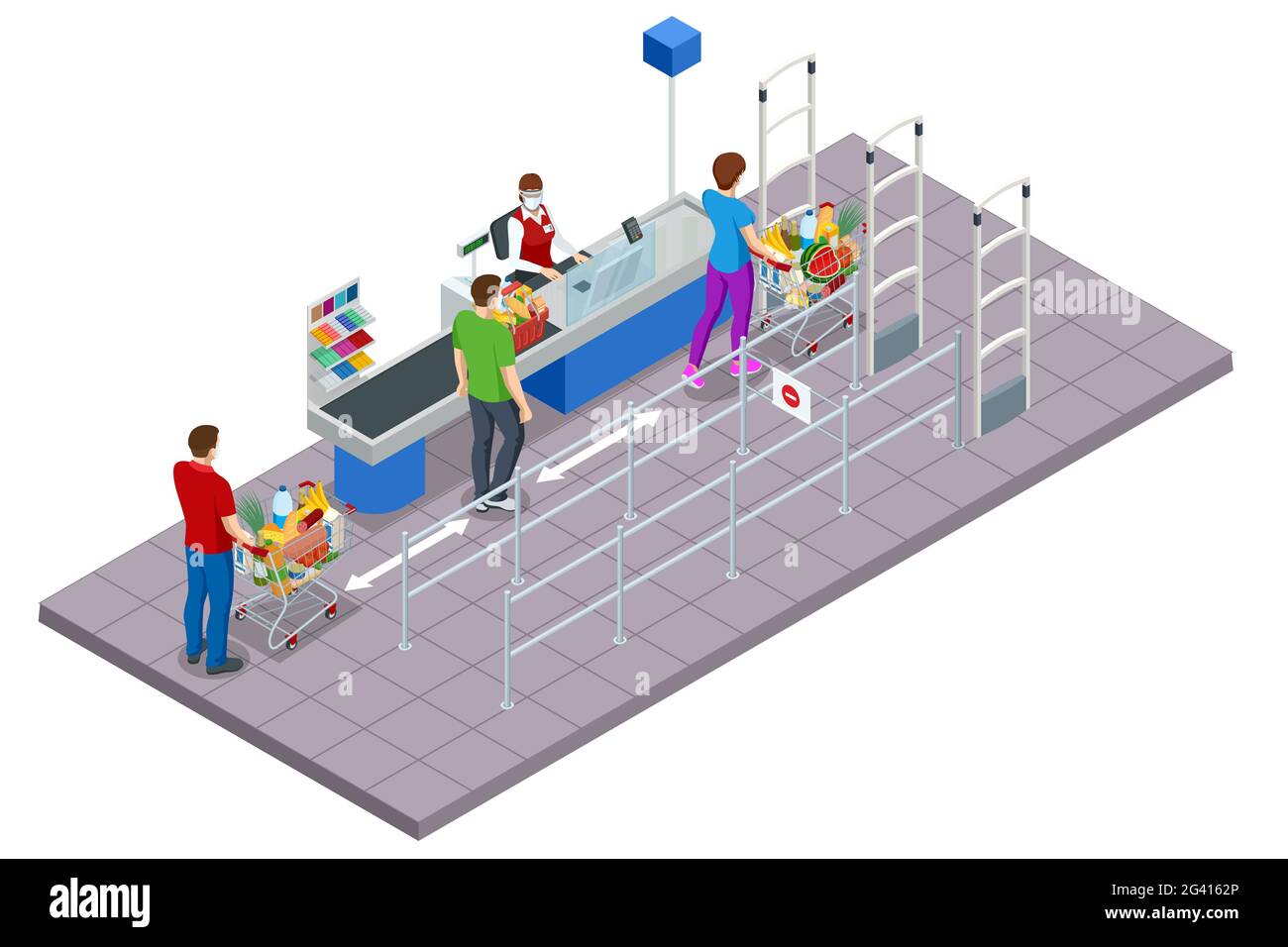 Isometric series of cash registers, cash desk, in a large supermarket ...