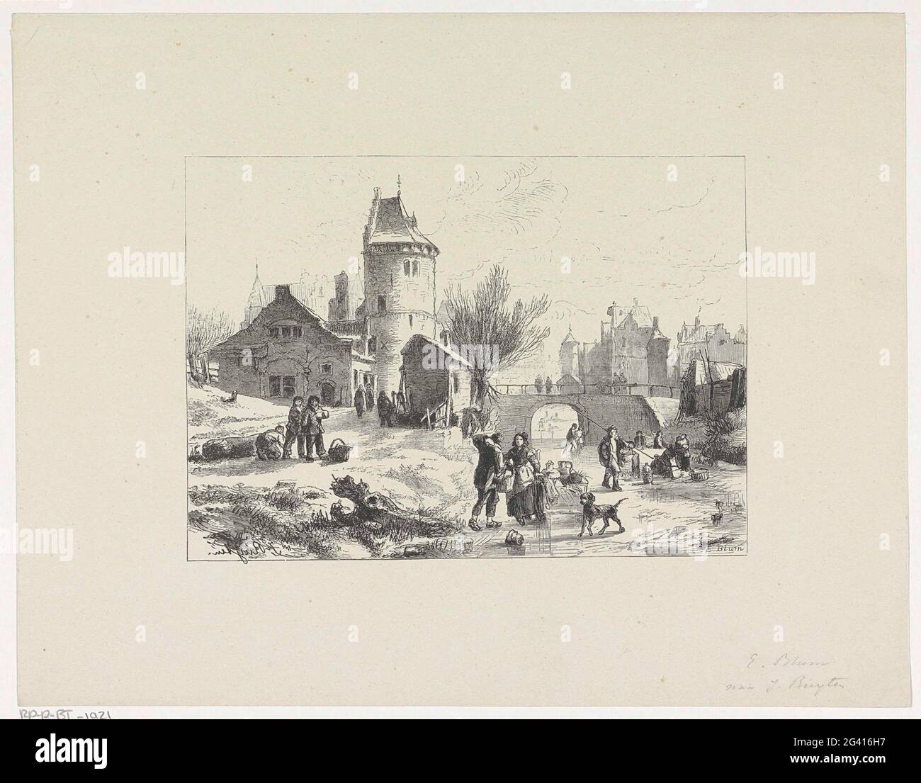 Winter face. Frozen sail with figures on the ice. Houses and a bridge ...