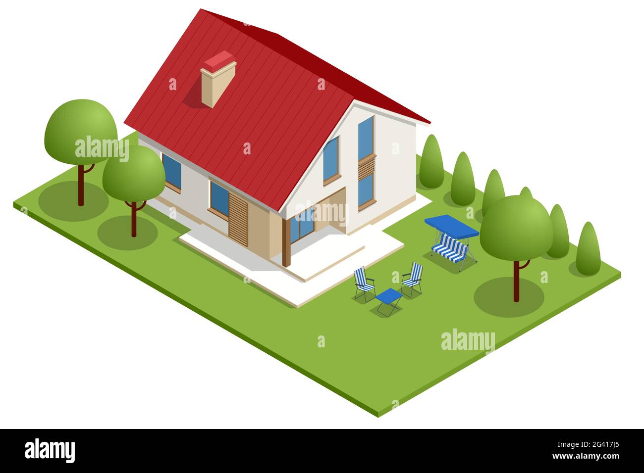 Isometric Apartment house. Building, cottage, villa. Modern cozy house in chalet style with ...
