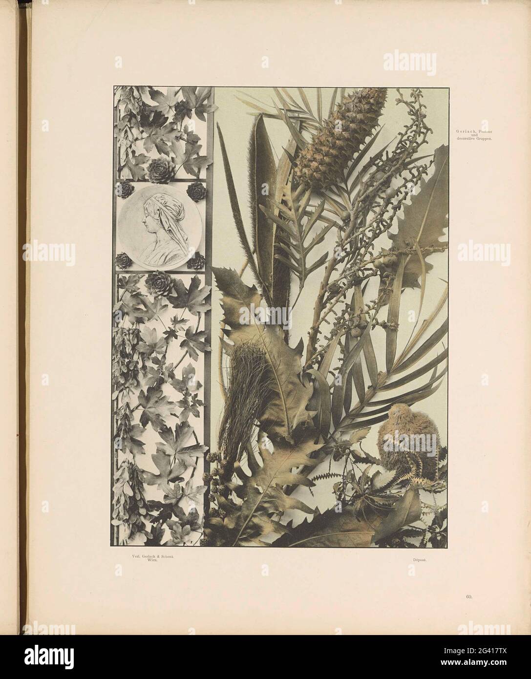 Decorative group with leaves and a table with maple leaves and a ...