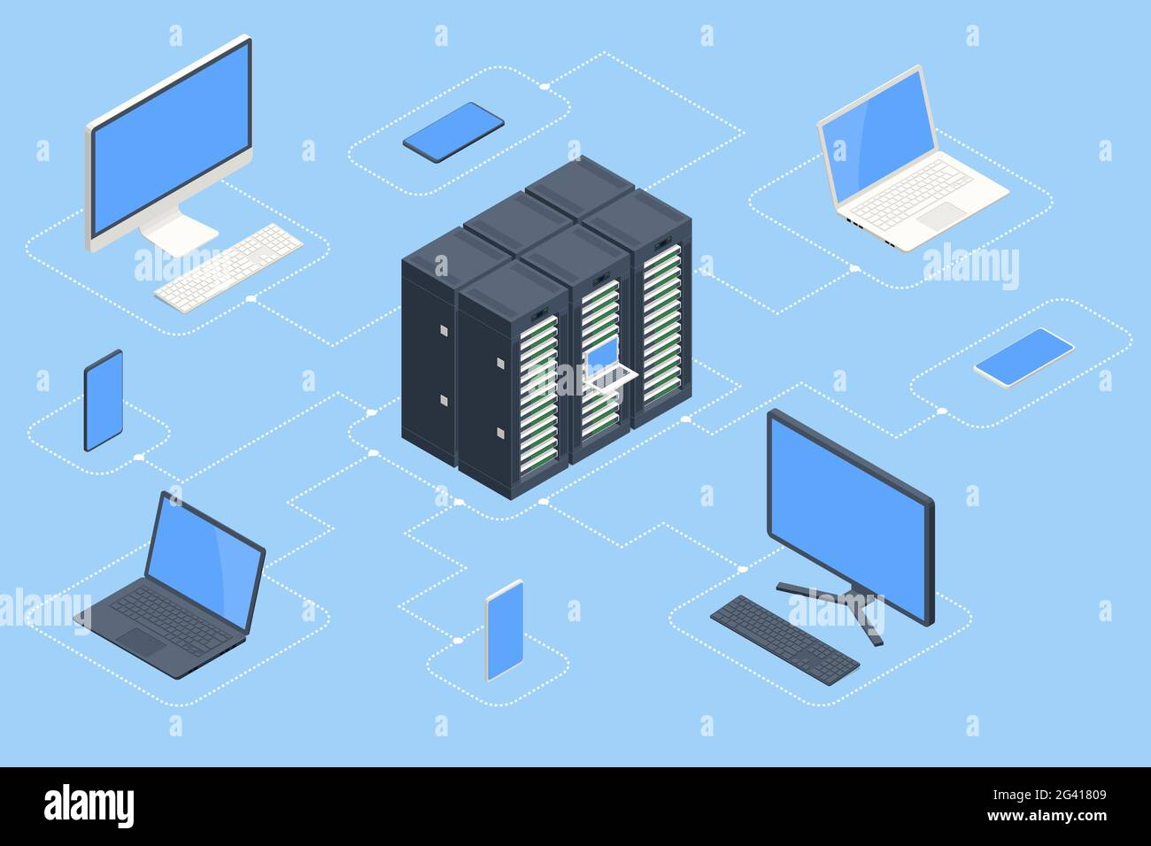 Isometric data center and network elements. Server room data center ...