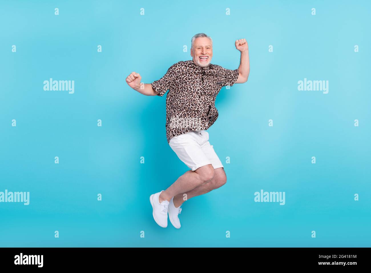 Full body photo of funky active happy old man jump up air good mood ...