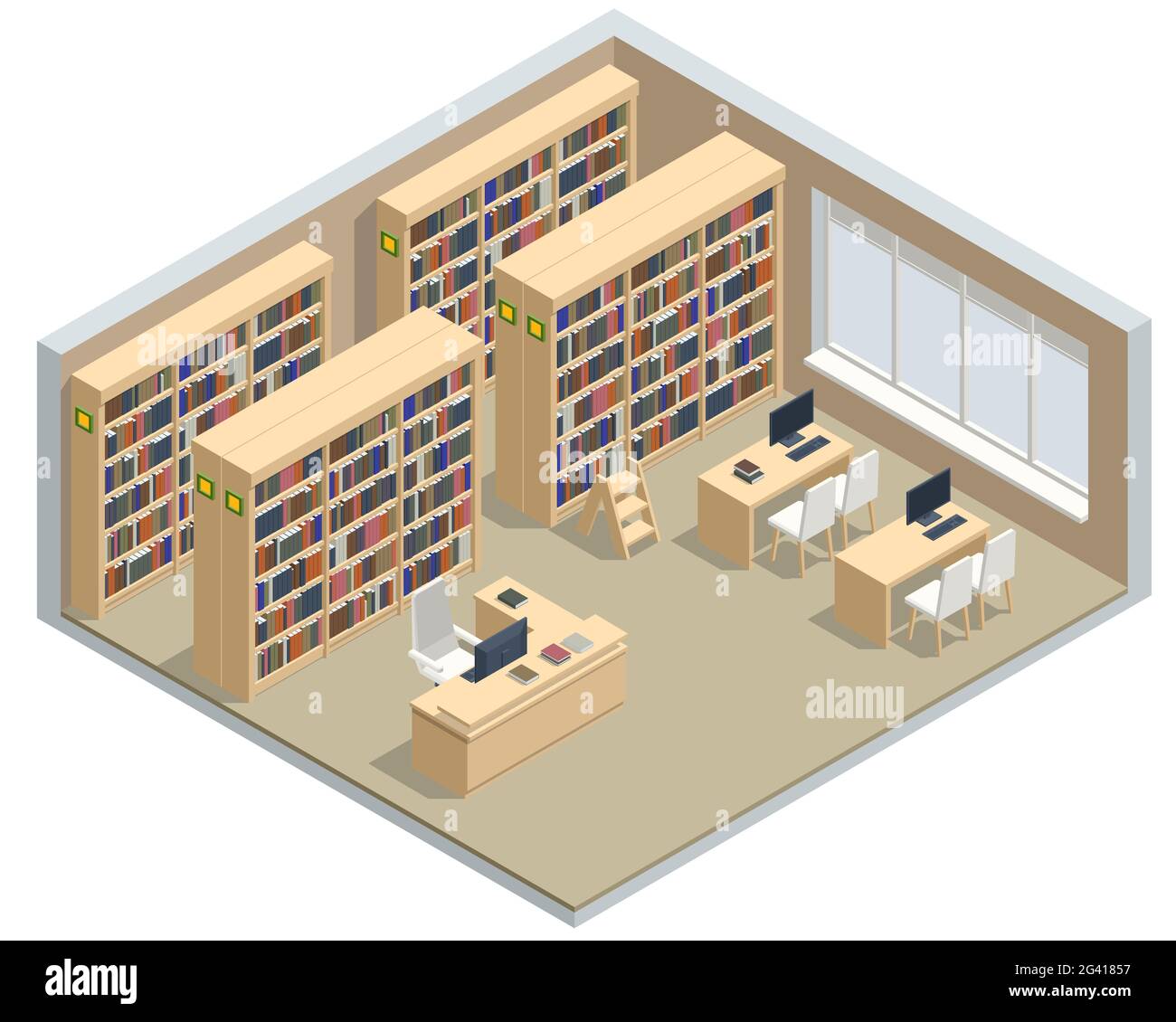 Isometric Bookshelves in the Library. Books in public library. Learning ...