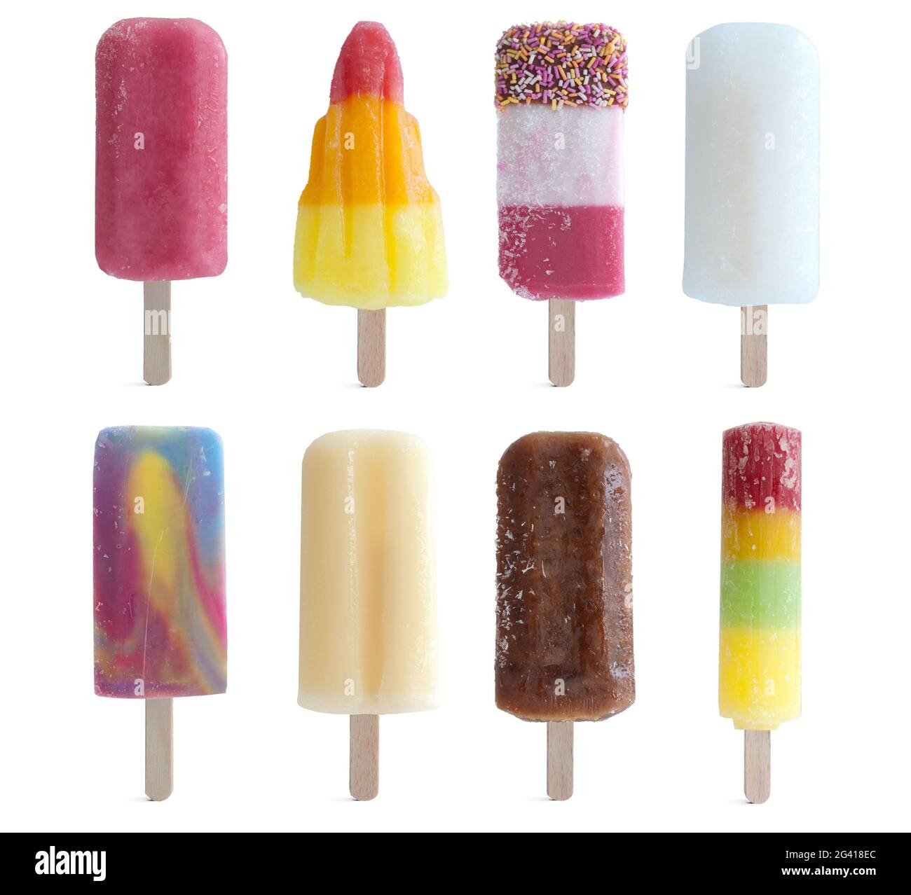 Assorted ice lollies over a white background, including raspberry, cola ...