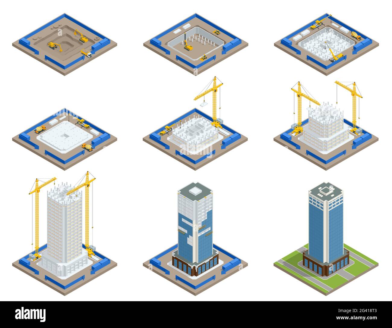 Isometric Skyscraper construction process. Building crane, multi-storey ...