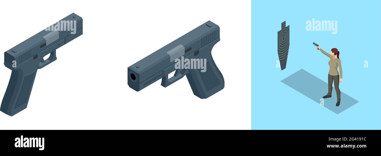 Isometric woman firing a hand gun at an indoor gun range. Shooter ...