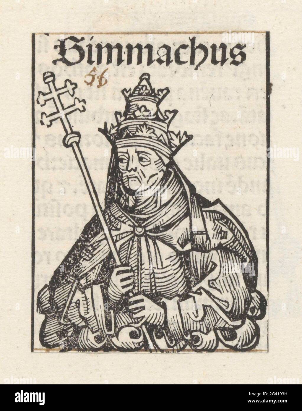 Pope Symmachus; Simmachus; Liber chronicarum. A flower celk with a pope ...