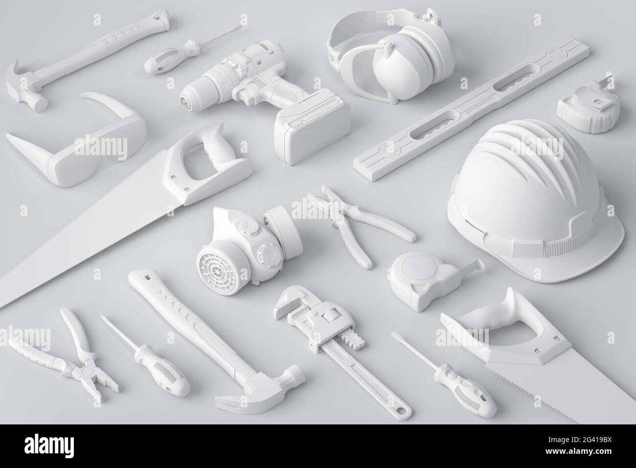 Isometric view of monochrome construction tools for repair on white ...
