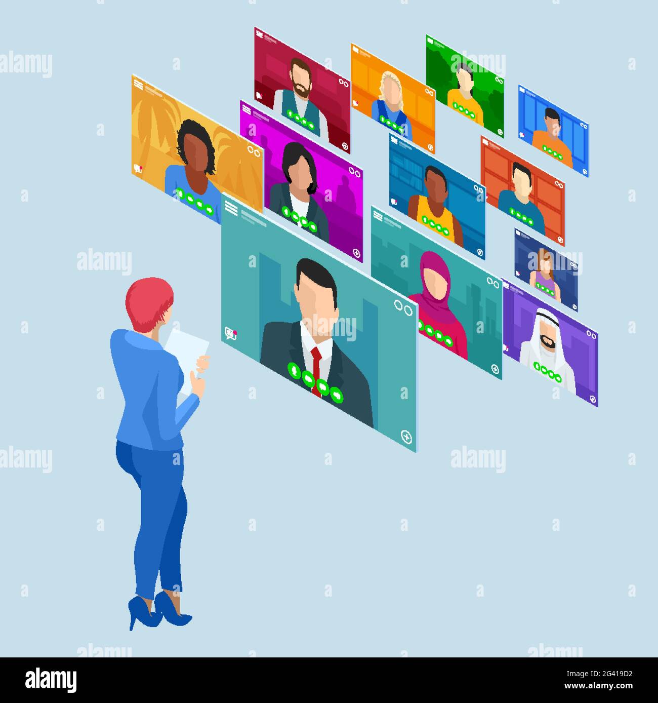 Isometric video conference. Group Corporate Video Conference. Online ...