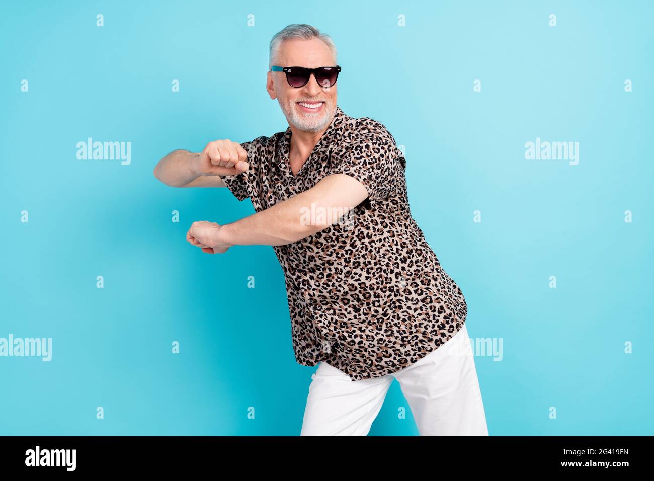 Photo of cheerful charming old man dance funky mood summer vacation ...