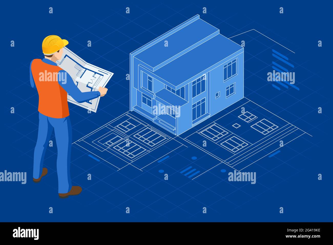 Isometric Builders On Building Site Looking At Plan. Virtual Reality ...