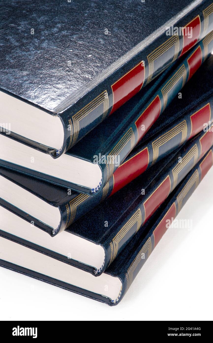 Stack of books, five books placed on top of each other, detail of book ...