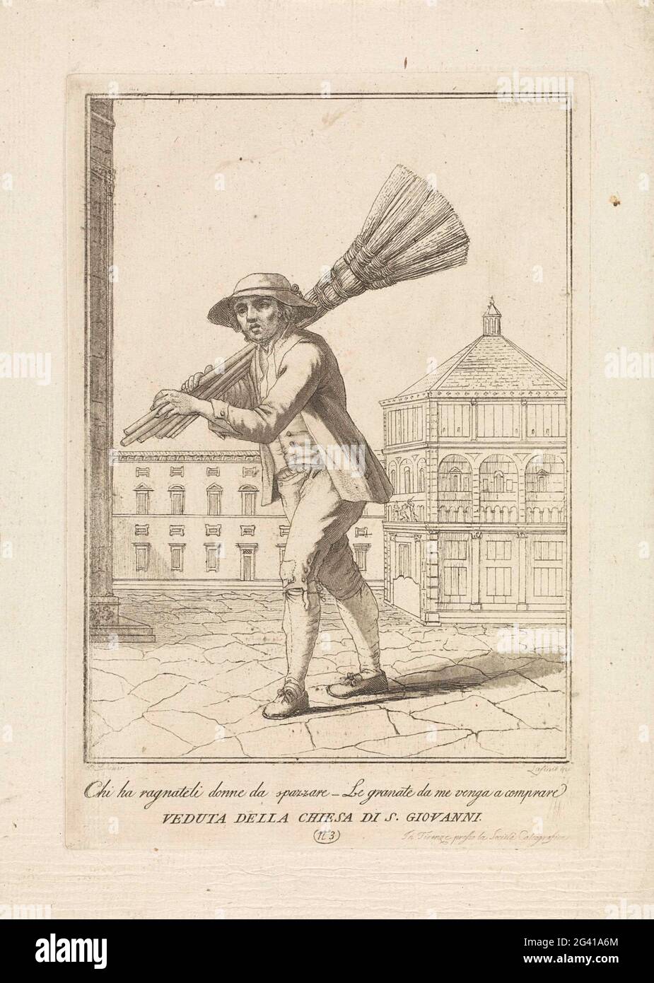 Broom seller; Florentine street vendors. A broom seller, with a forest ...