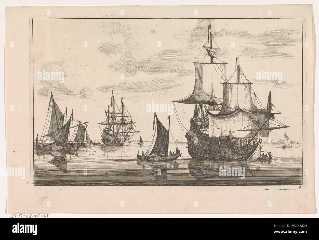 Two warships and other sailing ships on calm water; Seascapes Stock ...