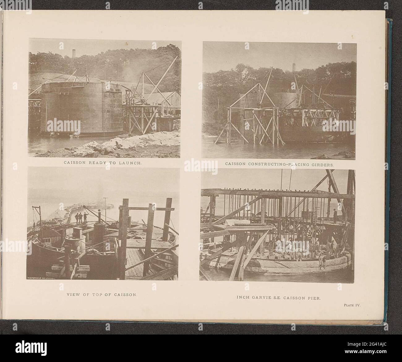Caisson ready to launch; Caisson constructing-placing girders; View of ...