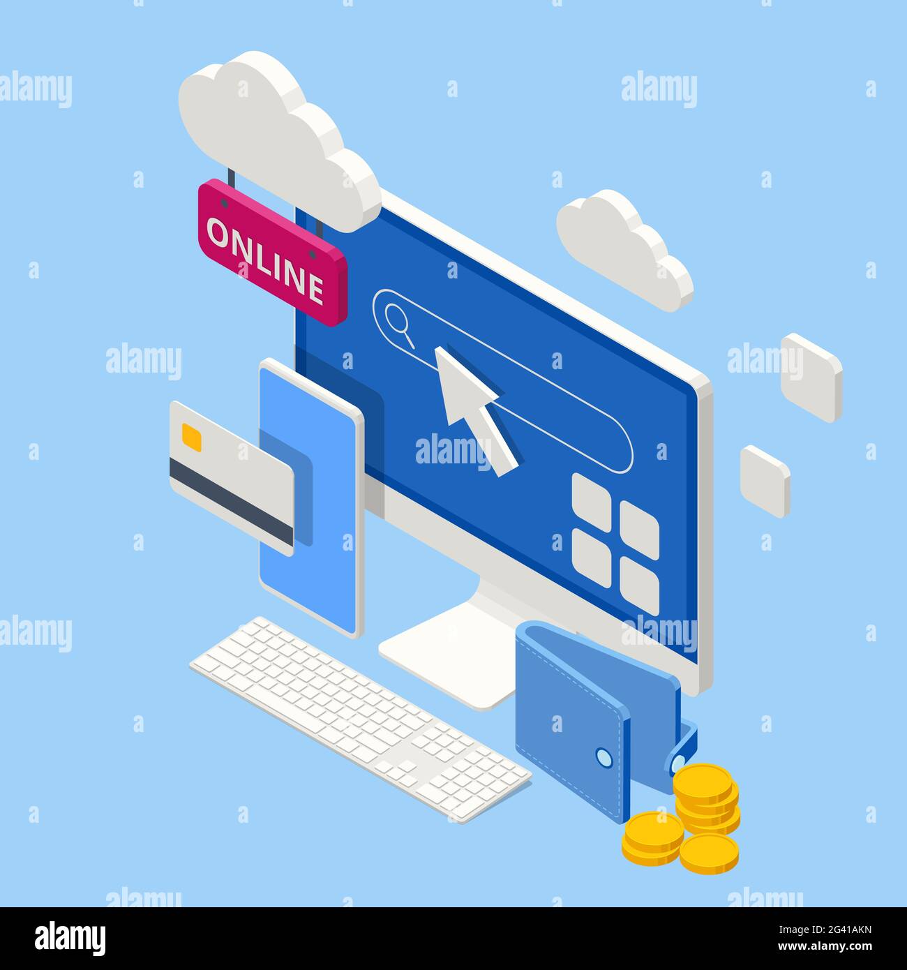 Isometric Online Shopping Store with Mobile , Credit Cards and Shop ...