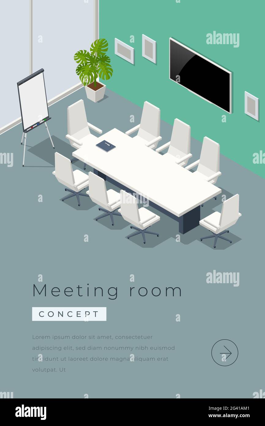 Isometric modern meeting room interior with empty poster on concrete ...