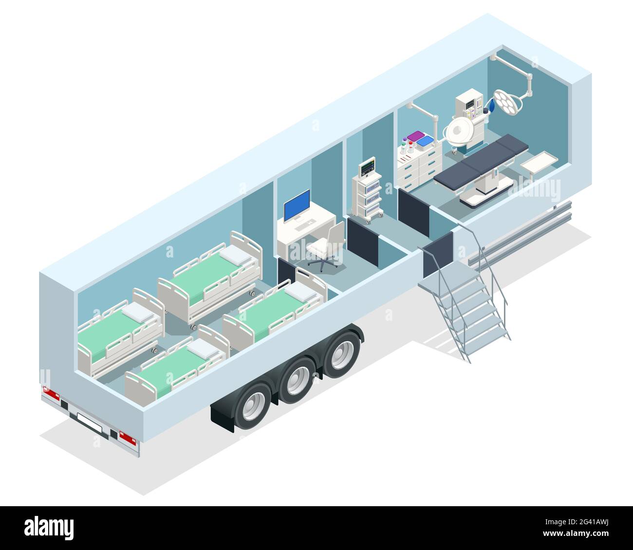 Isometric hospital in the car. Mobile hospital with medical beds ...
