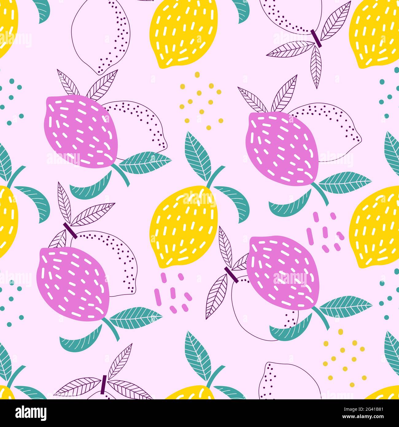 Stylized lemon fruit seamless pattern on pink background. Vector ...