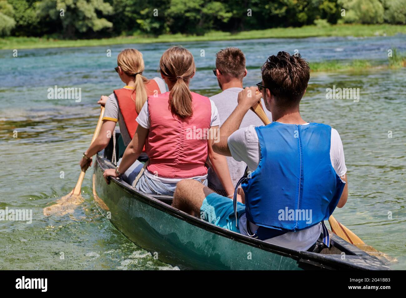 Group adventurous explorer friends are canoeing in a wild river Stock ...