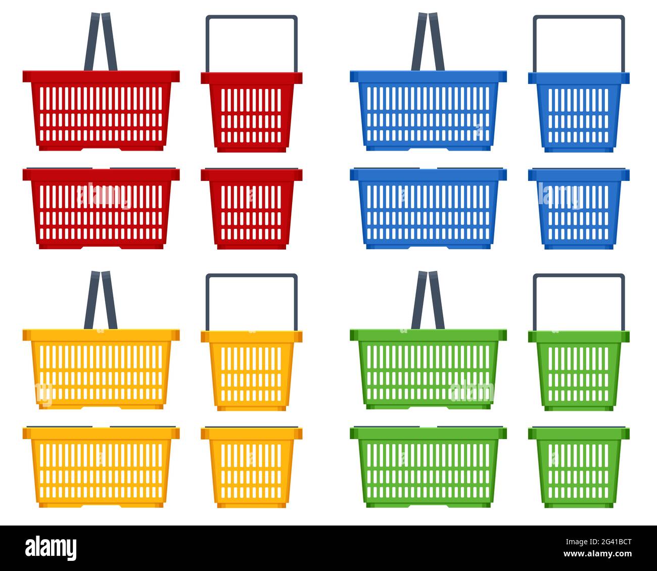 Set of plastic shopping baskets on white background. Red, yellow, blue ...