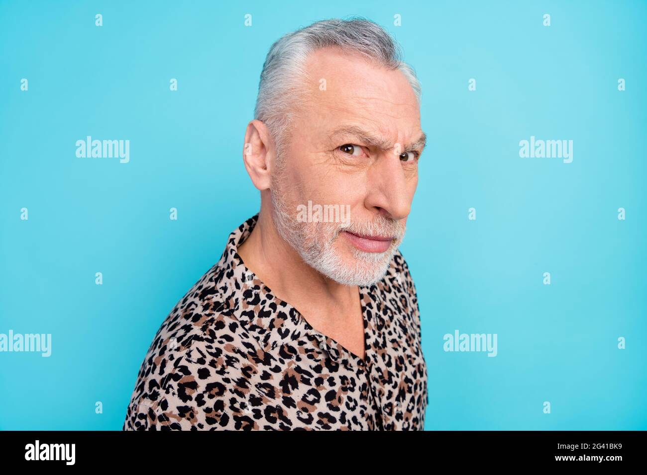 Photo of interested curious old man look you question face wear casual ...