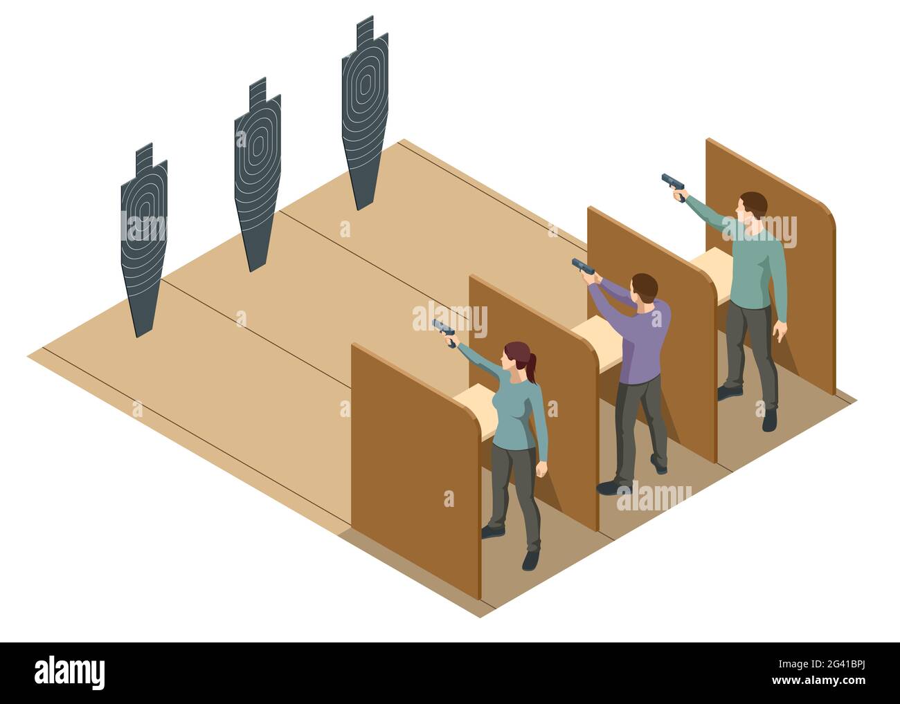 Isometric men aiming pistol at target in indoor firing range or ...