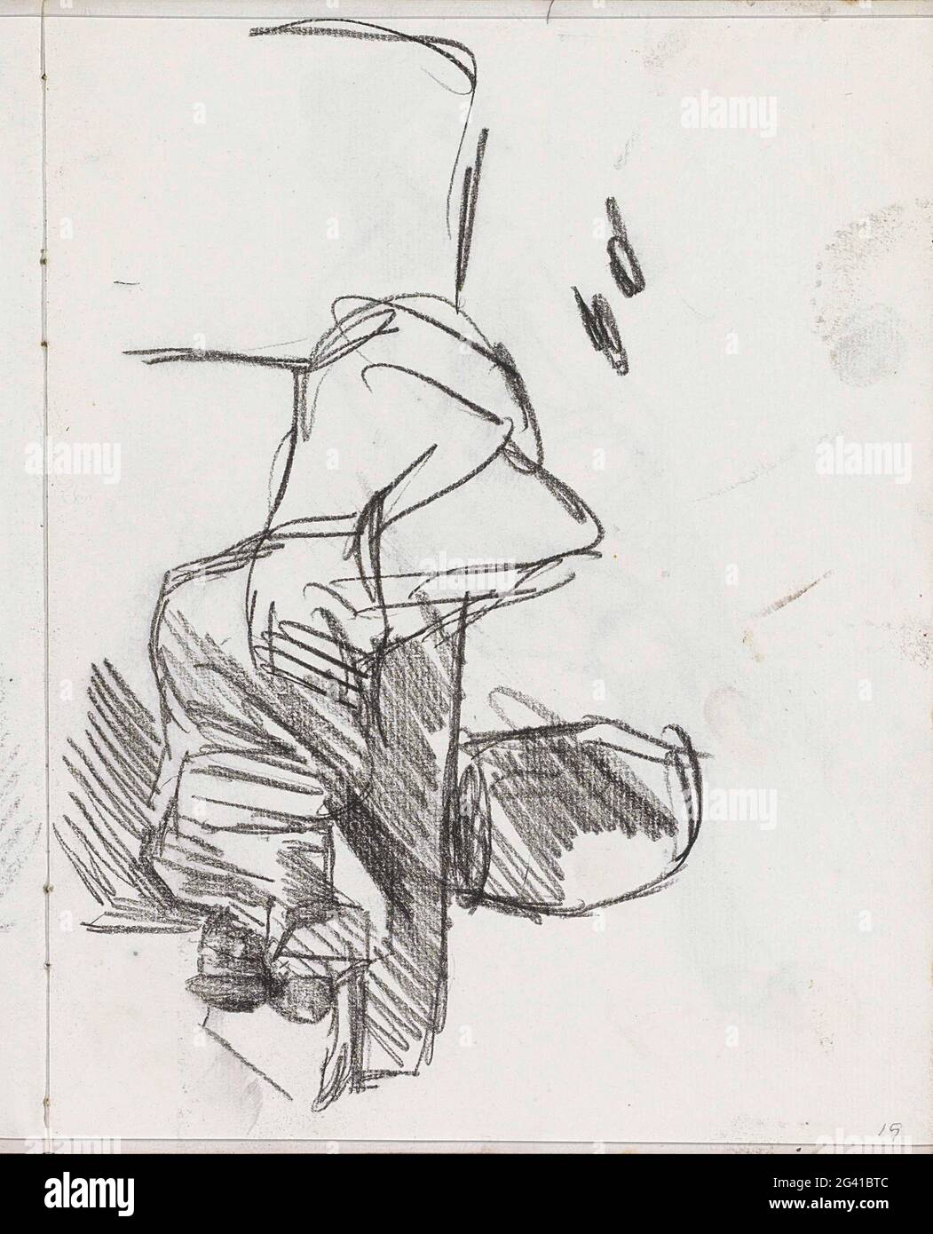 Lying figure. On a low bed. At the front a ton or table and footwear ...