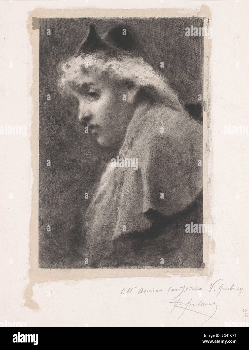 Lady bust to the left, with a white pellerine around and a cap Stock ...