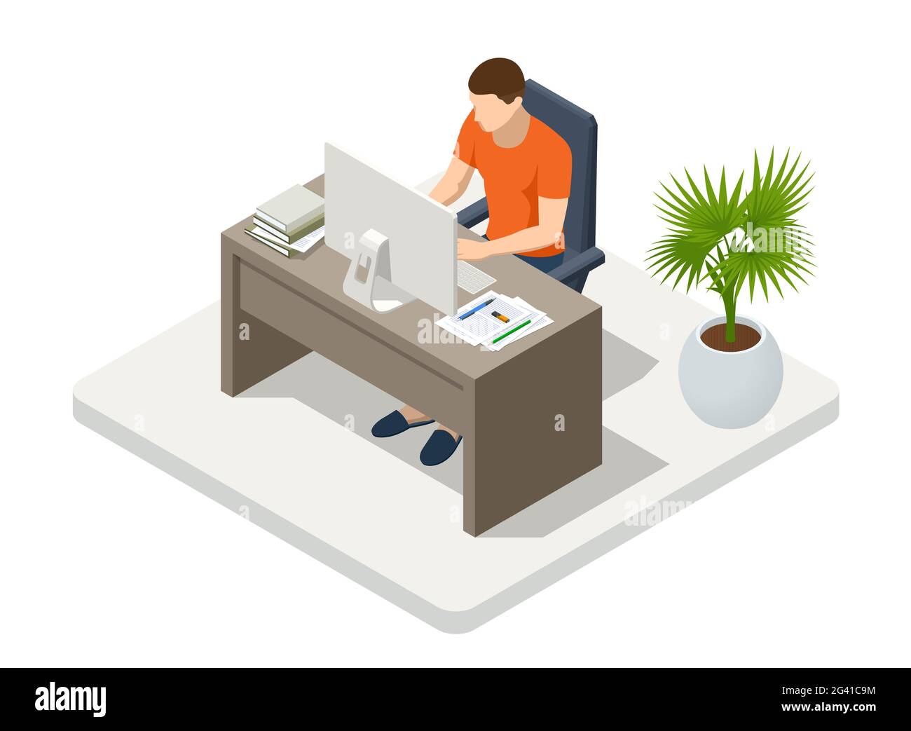 Isometric business man working at home with laptop and papers on desk ...