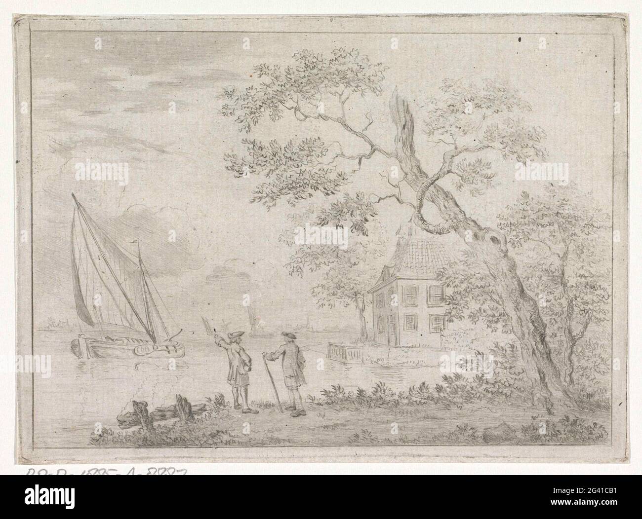 View of a lake. Two men overlook a lake with sailing ships. The left ...