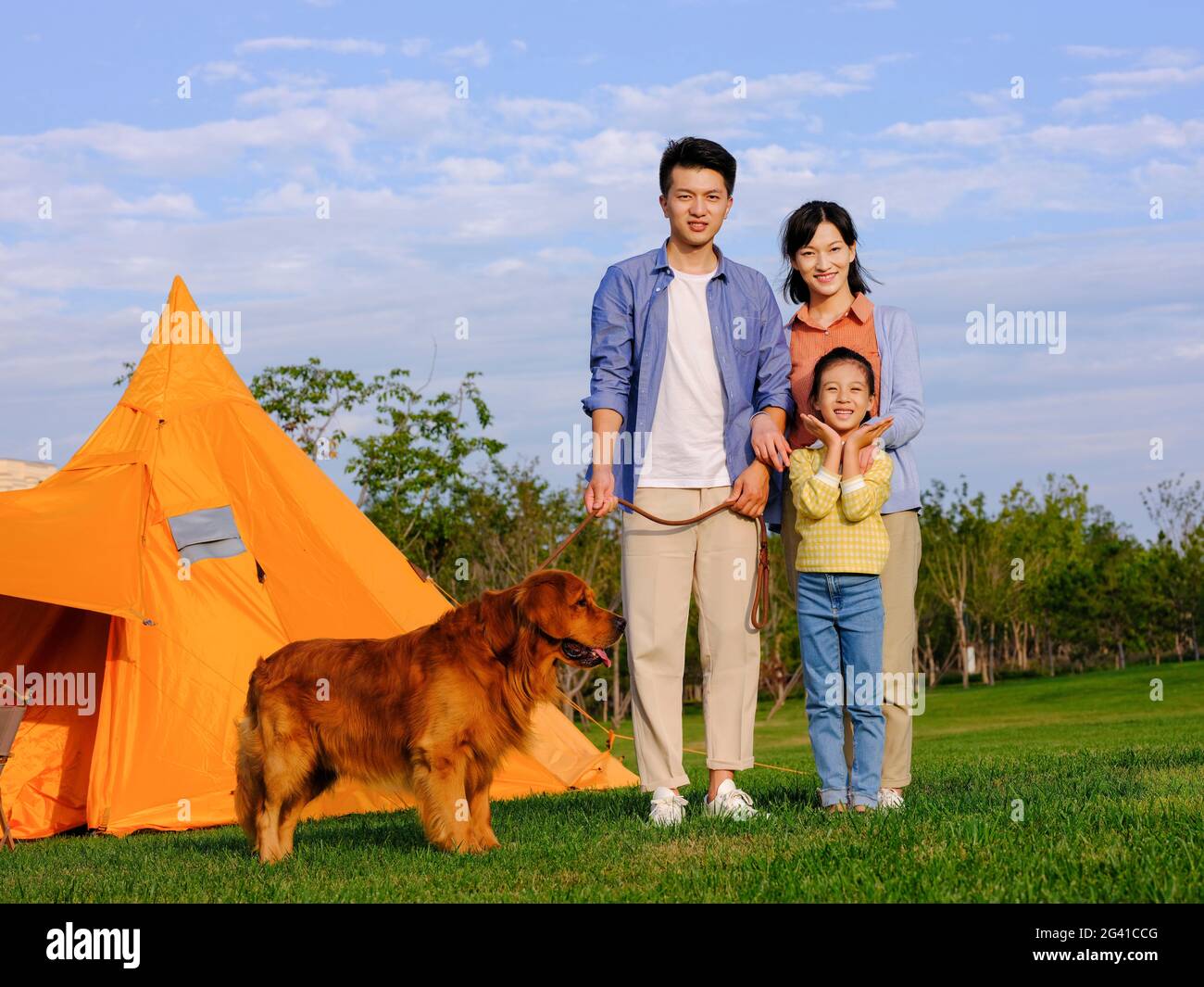 Happy family of three and pet dog in the park high quality photo Stock ...