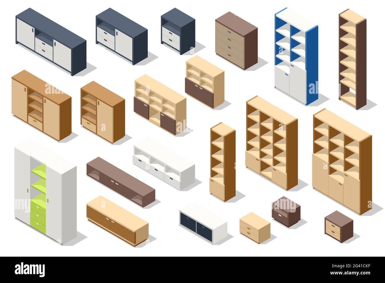 Isometric set of different stylish commodes and modern wardrobes ...