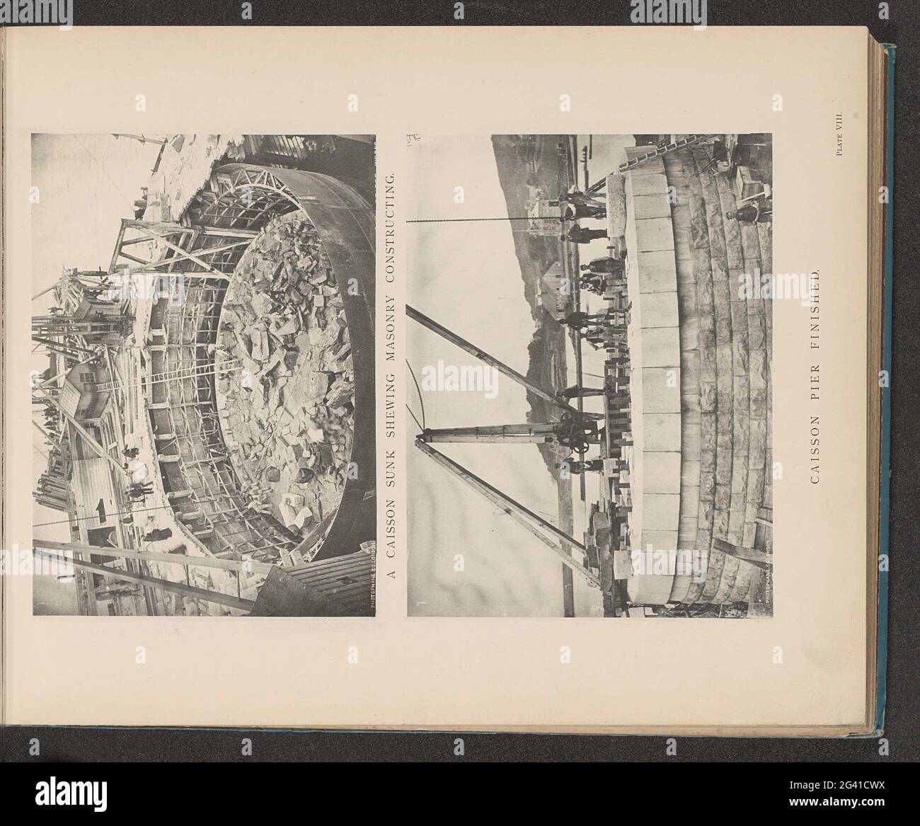 A caisson being sunk shewing masonry constructing; Caisson pier ...