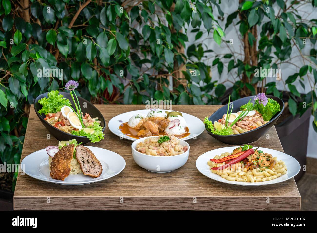 lunch menu on a wooden dining table Stock Photo - Alamy