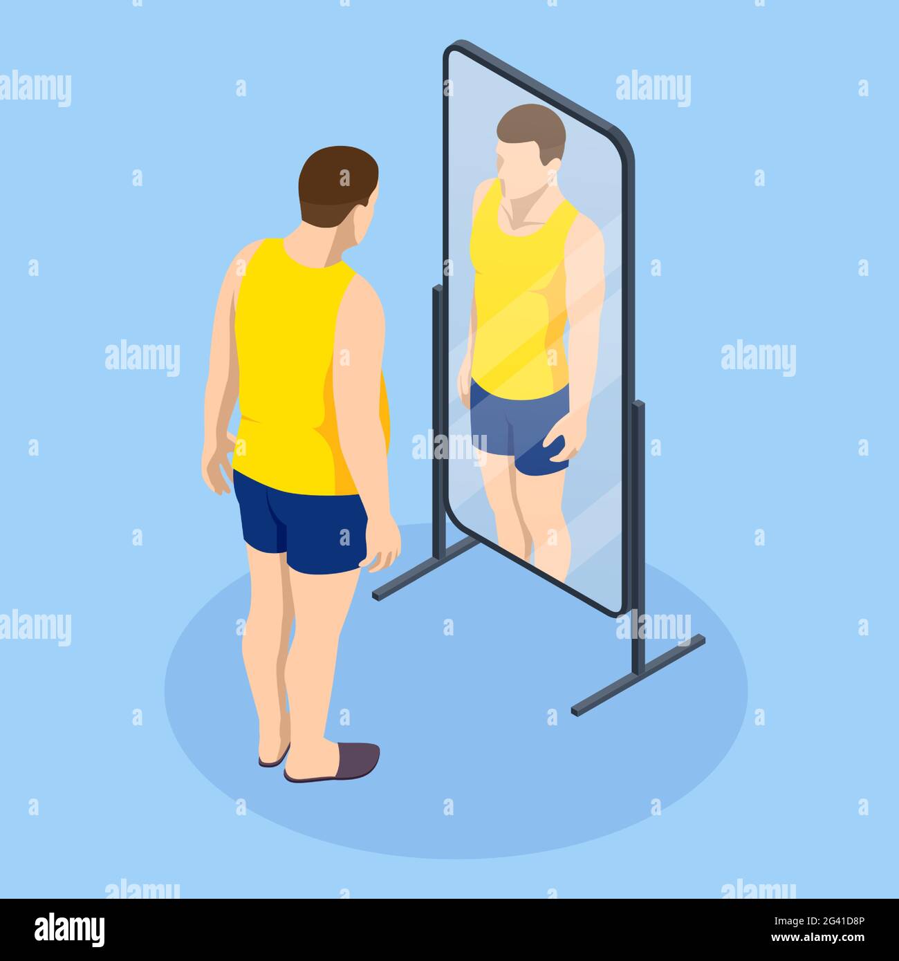 Problem of excess weight and health. Isometric Fat man looks in the ...