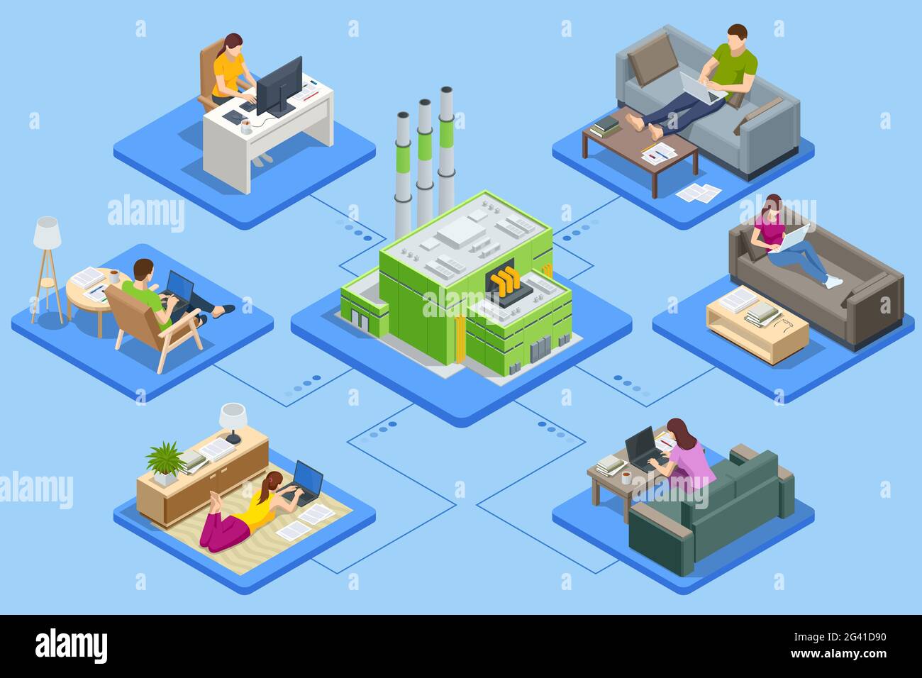 Isometric business man amd woman working at home. Waste Processing ...