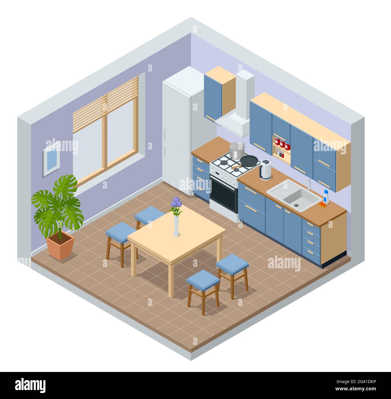 Isometric minimalist kitchen room interior with dinning furniture on a ...