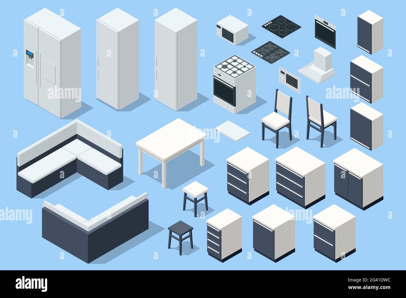 Isometric various elements for creating a kitchen design isolated on ...