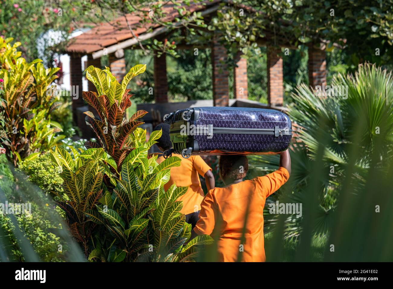 Hotel staff carries guest's suitcases on their heads at Rushel Lodge on ...