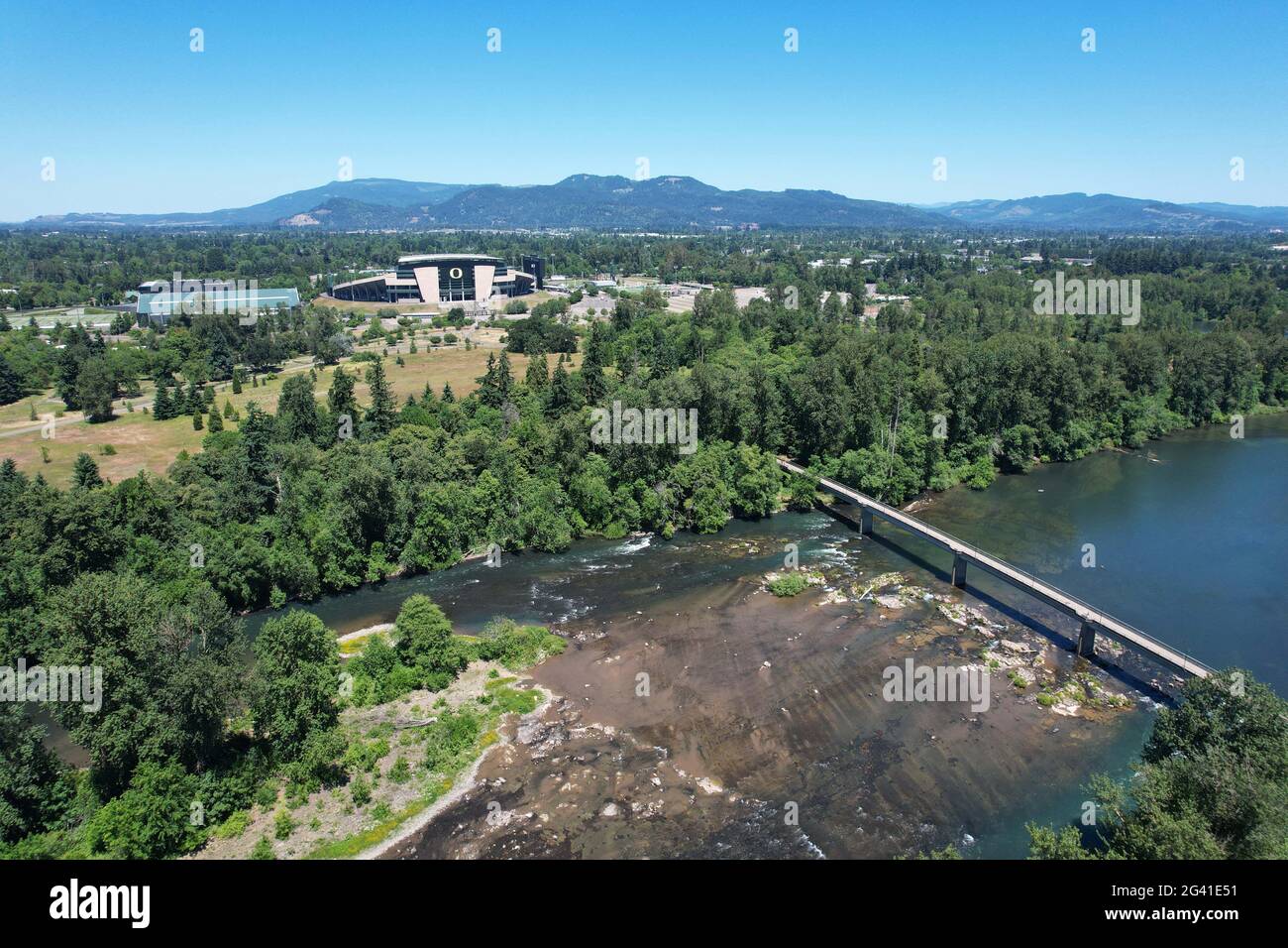 An aerial view of Autzen Stadium on the campus of University of Oregon ...