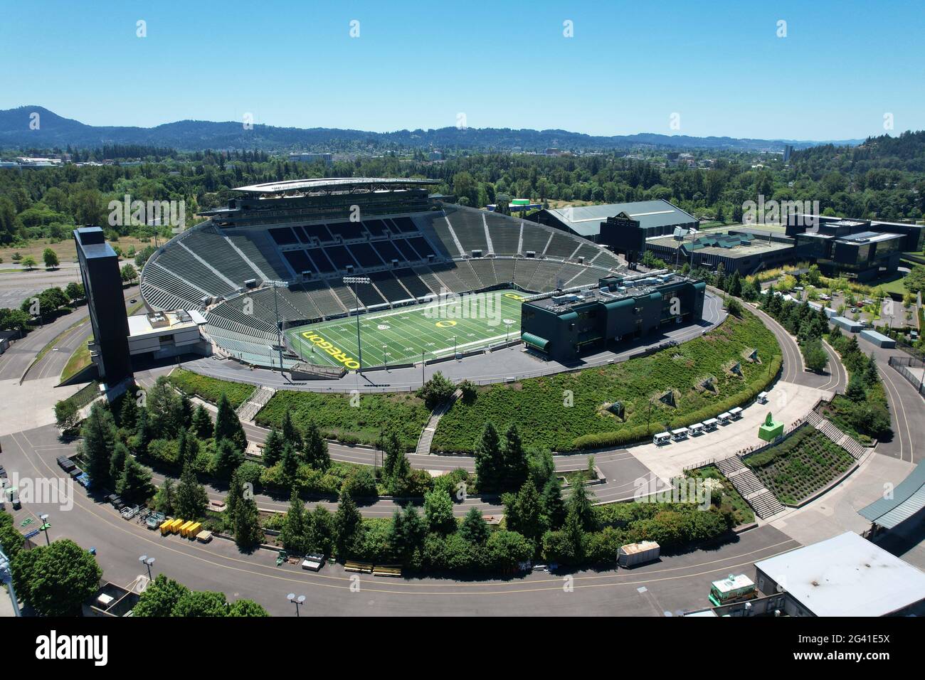 An aerial view of Autzen Stadium on the campus of University of Oregon ...