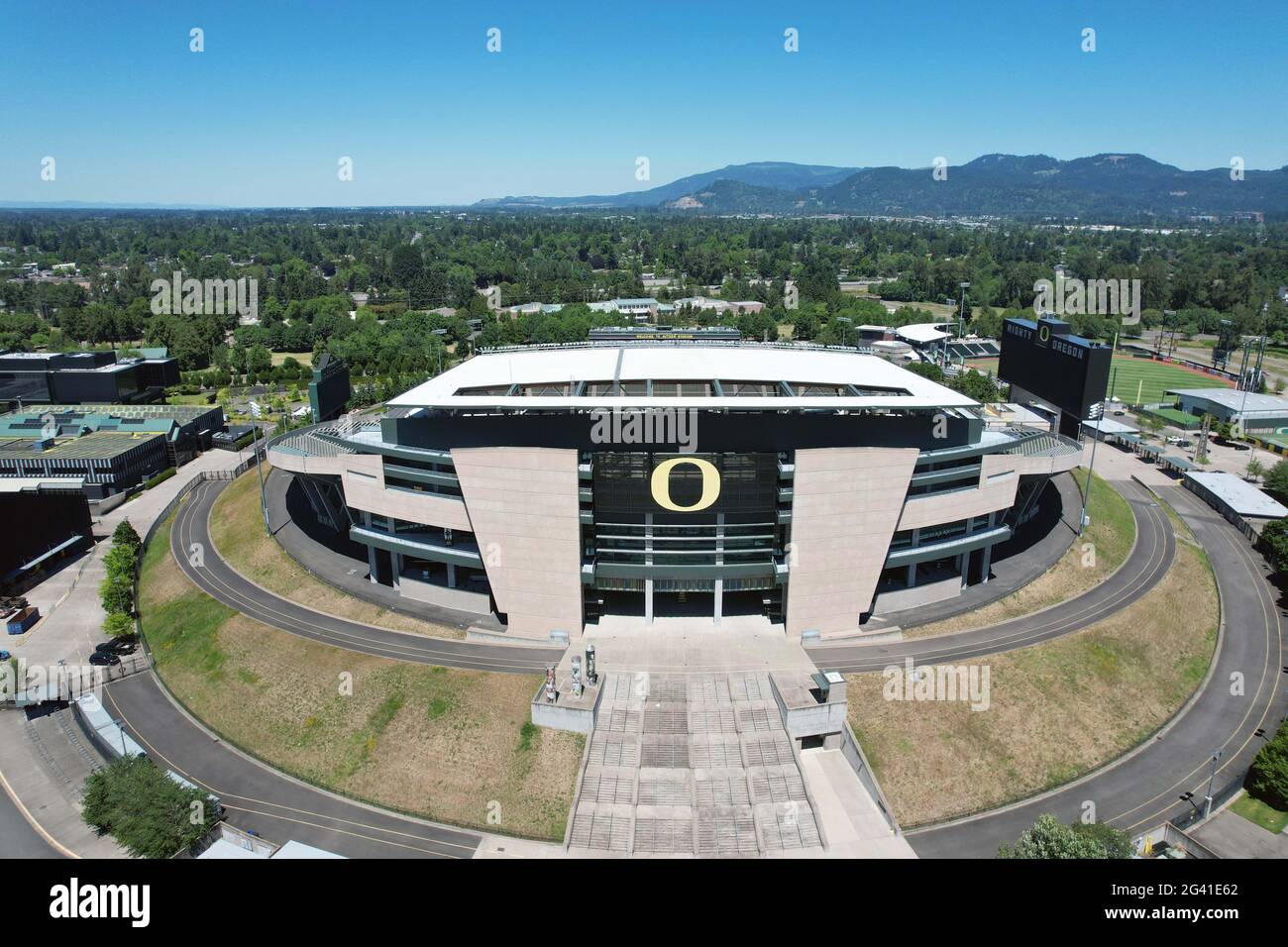 An aerial view of Autzen Stadium on the campus of University of Oregon ...