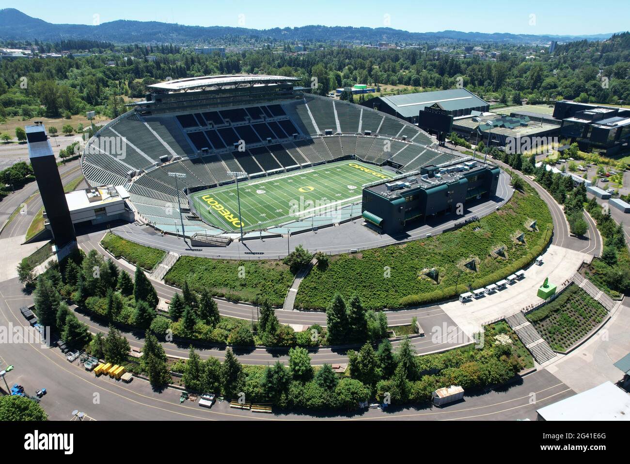 An aerial view of Autzen Stadium on the campus of University of Oregon ...