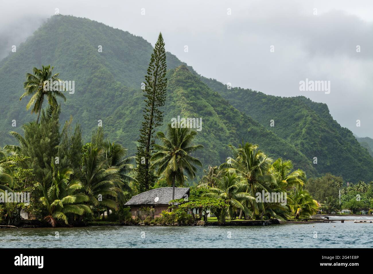 House on lagoon edge with trees and mountain backdrop, Tahiti Iti ...